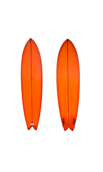 VOUCH 7'6 MID VISH BRIGHT ORANGE TINT TOP BOTTOM RED GLASS ON KEELS ...